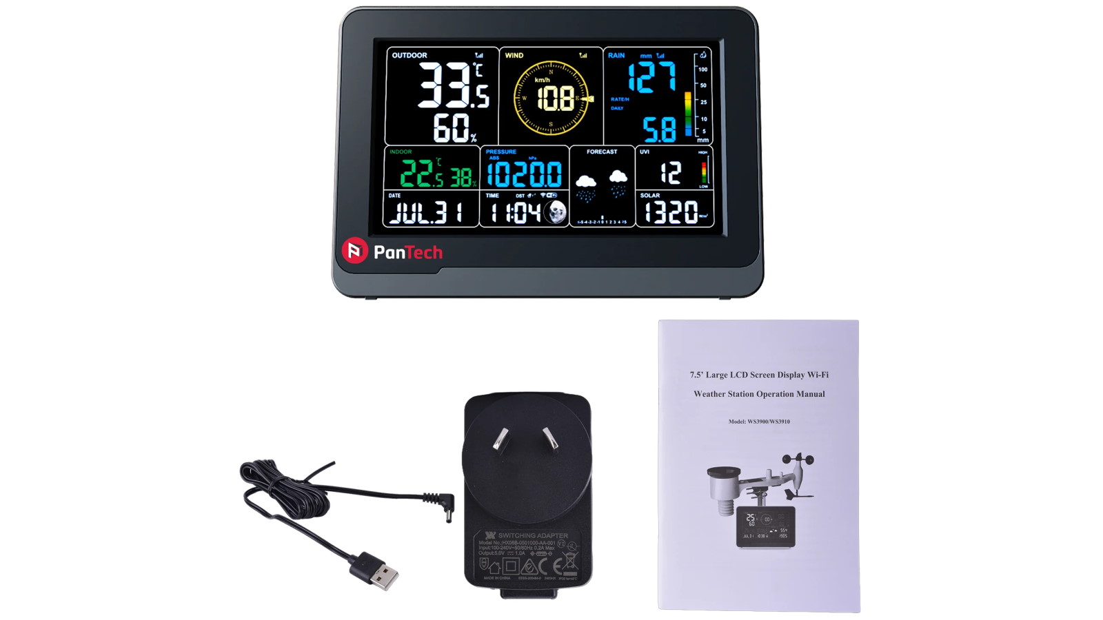 PanTech WS3900 7.5-inch LCD Wi-Fi Weather Station with Outdoor Sensor ...