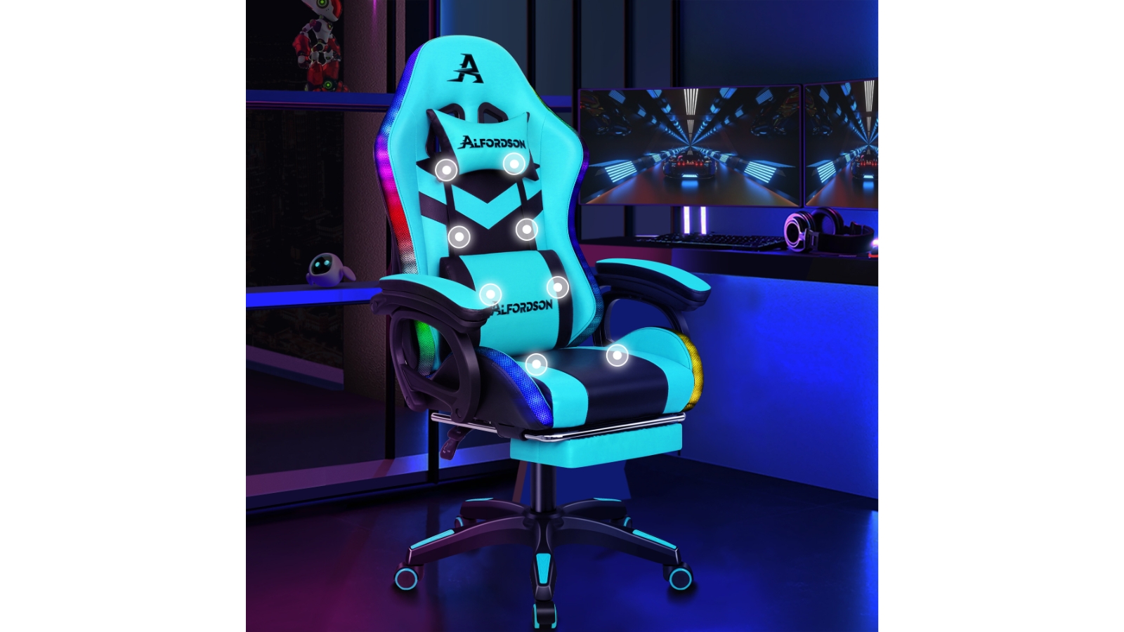 Alfordson LED Gaming Office Chair - Cyan/Black | Harvey Norman