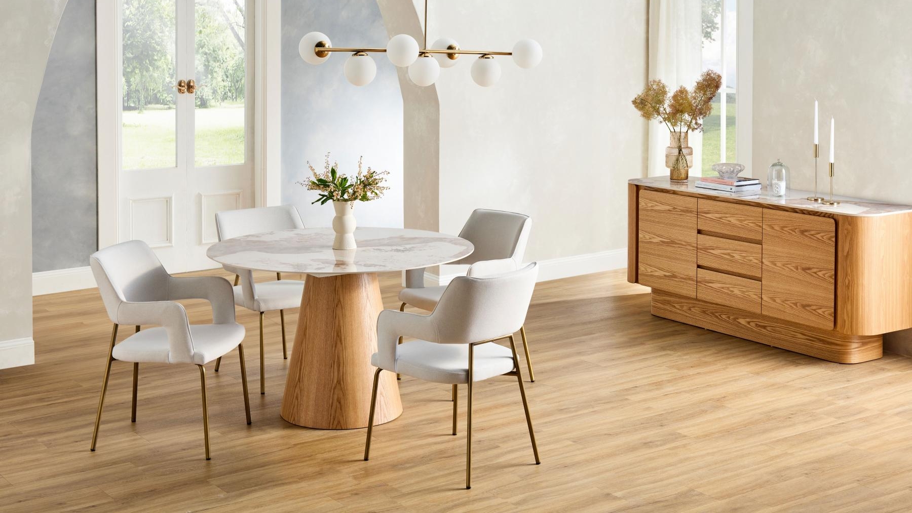 Lucianne 5 Piece Round Dining Setting Cream Fabric Harvey Norman