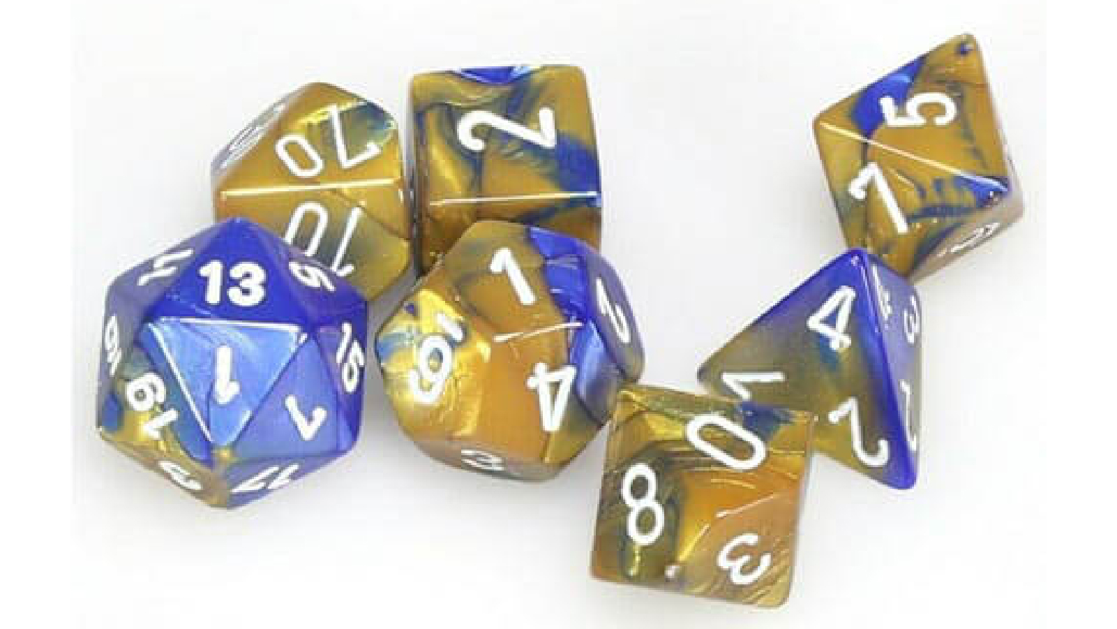 Chessex D7 Die Set Gemini Poly (7 Dice) - Blue-Gold/White | Harvey Norman