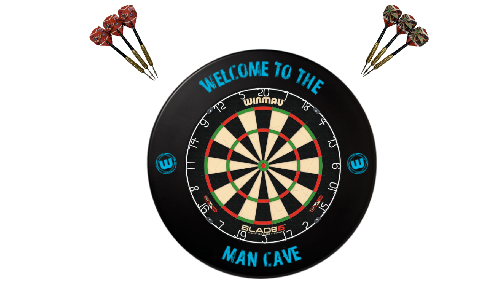 Winmau Blade 6 Dart Board + Man Cave Dartboard Surround + Darts Set ...