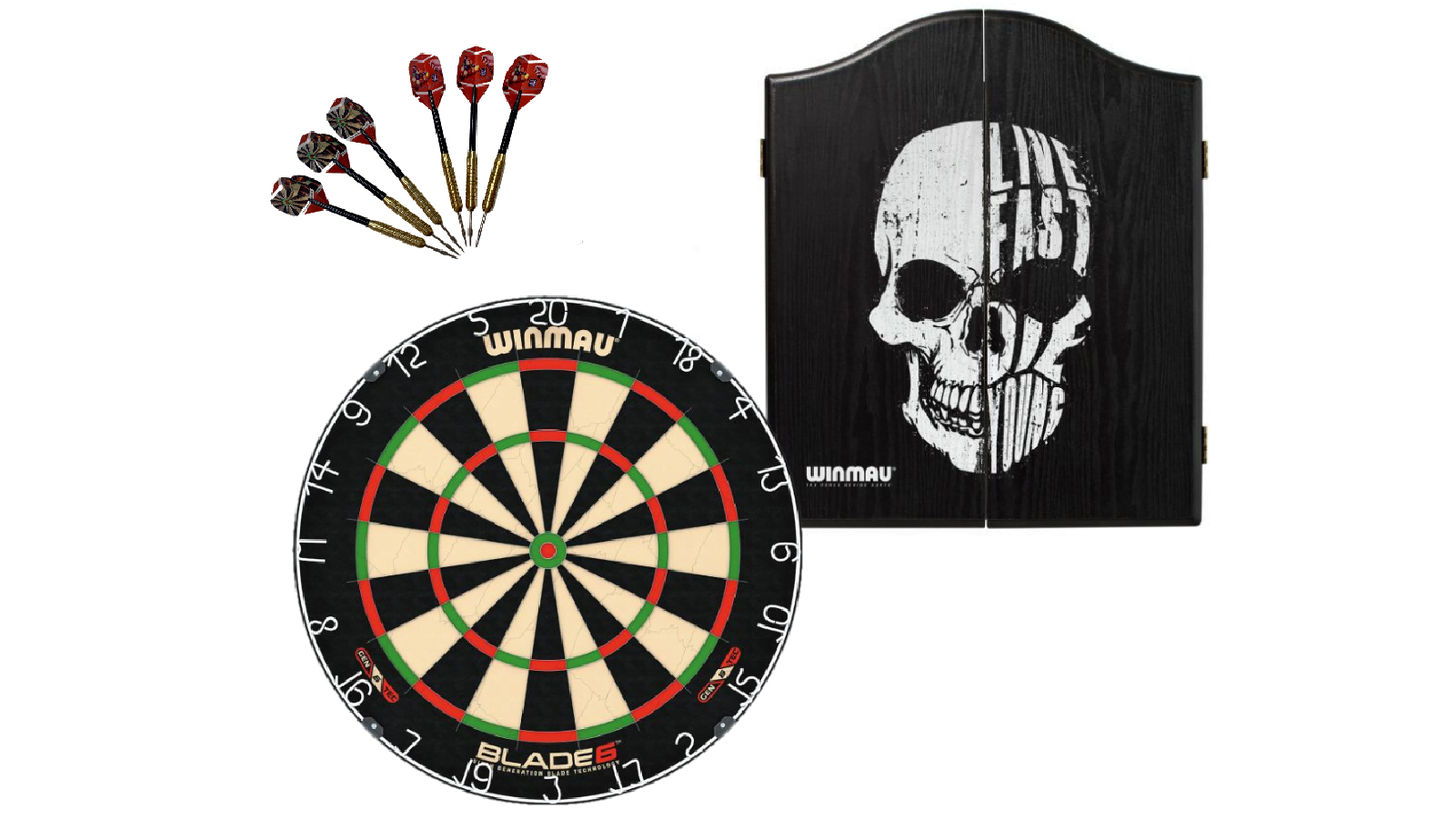 Winmau Blade 6 Dart Board + New Skull Dartboard Cabinet + Darts Set ...