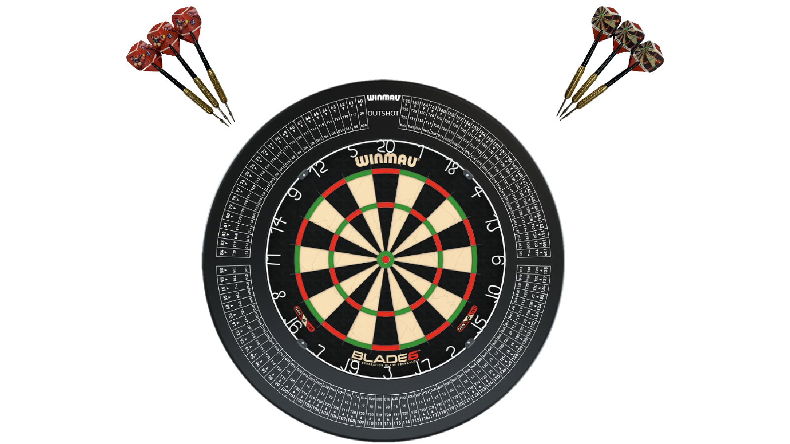 Winmau Blade 6 Dart Board + Outshot Dartboard Surround + Darts Set ...