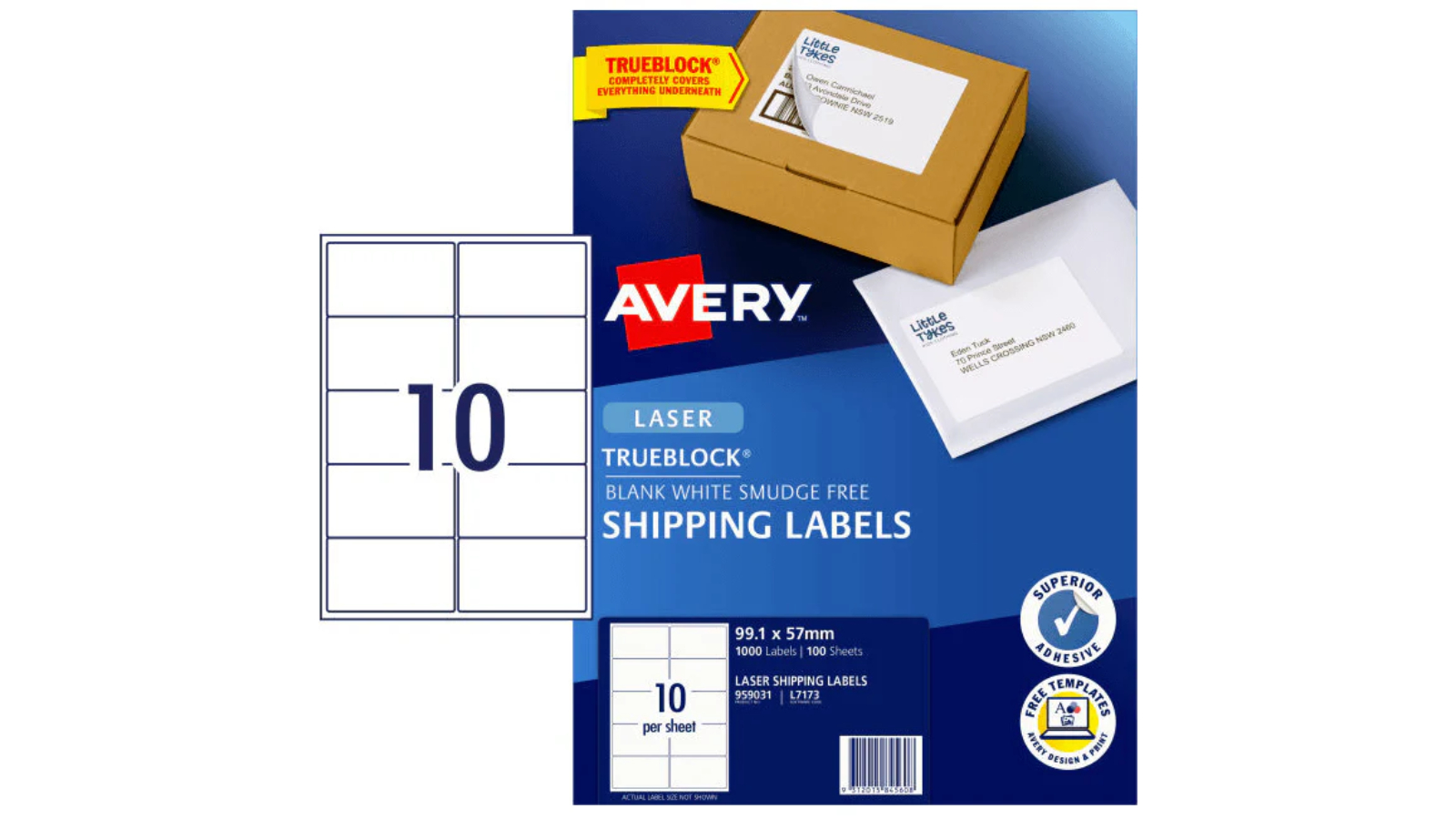 Avery 959031 10 Sheet L7173 Trueblock Shipping Label Laser - White ...