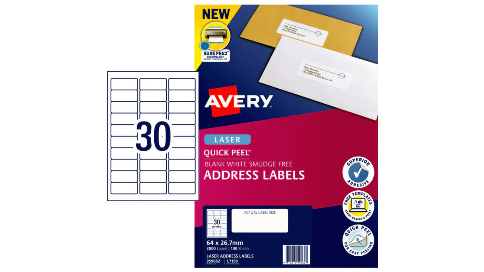 Avery 959062 100 Sheet L7158 Sure Feed Laser Address Label - White ...