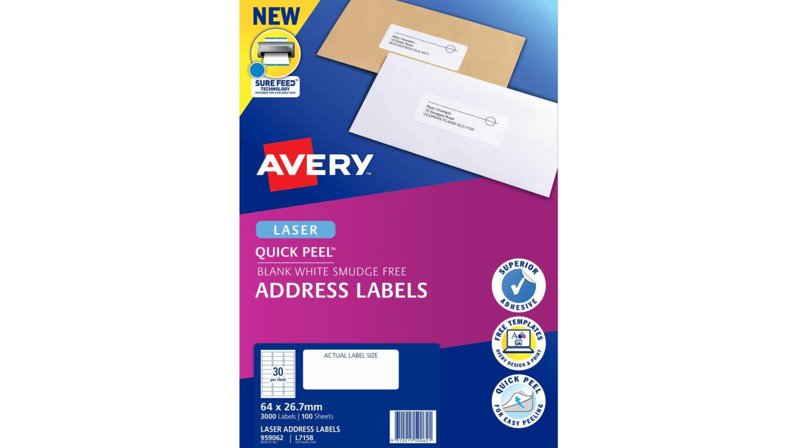 Avery 959062 100 Sheet L7158 Sure Feed Laser Address Label - White ...