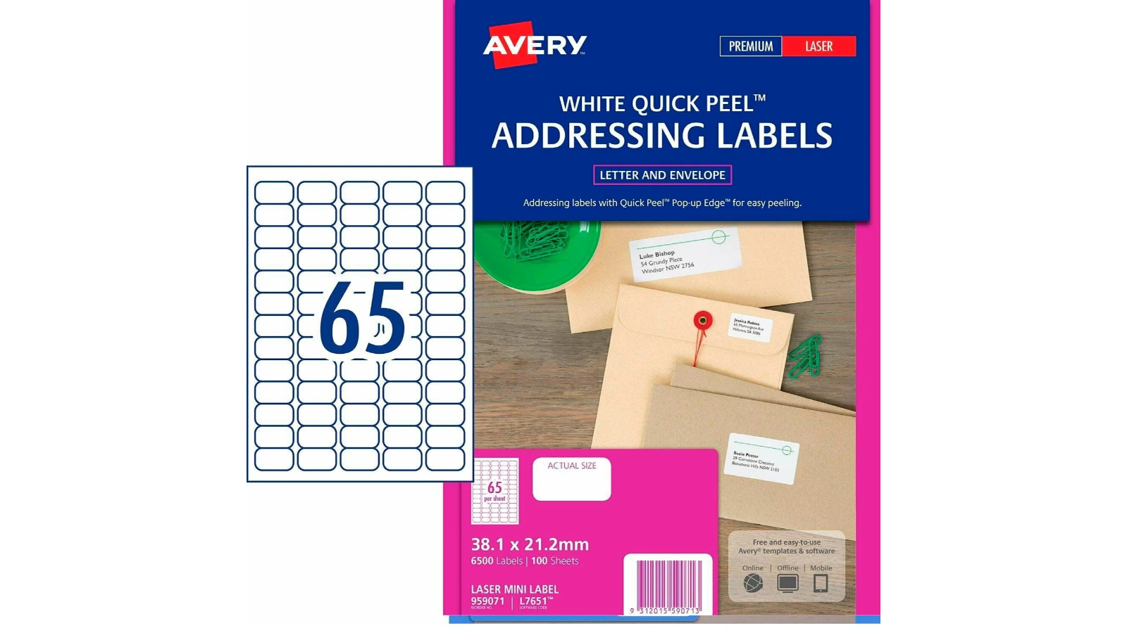 Avery 959071 Pack of 100 65UP Laser Address Label - White | Harvey Norman