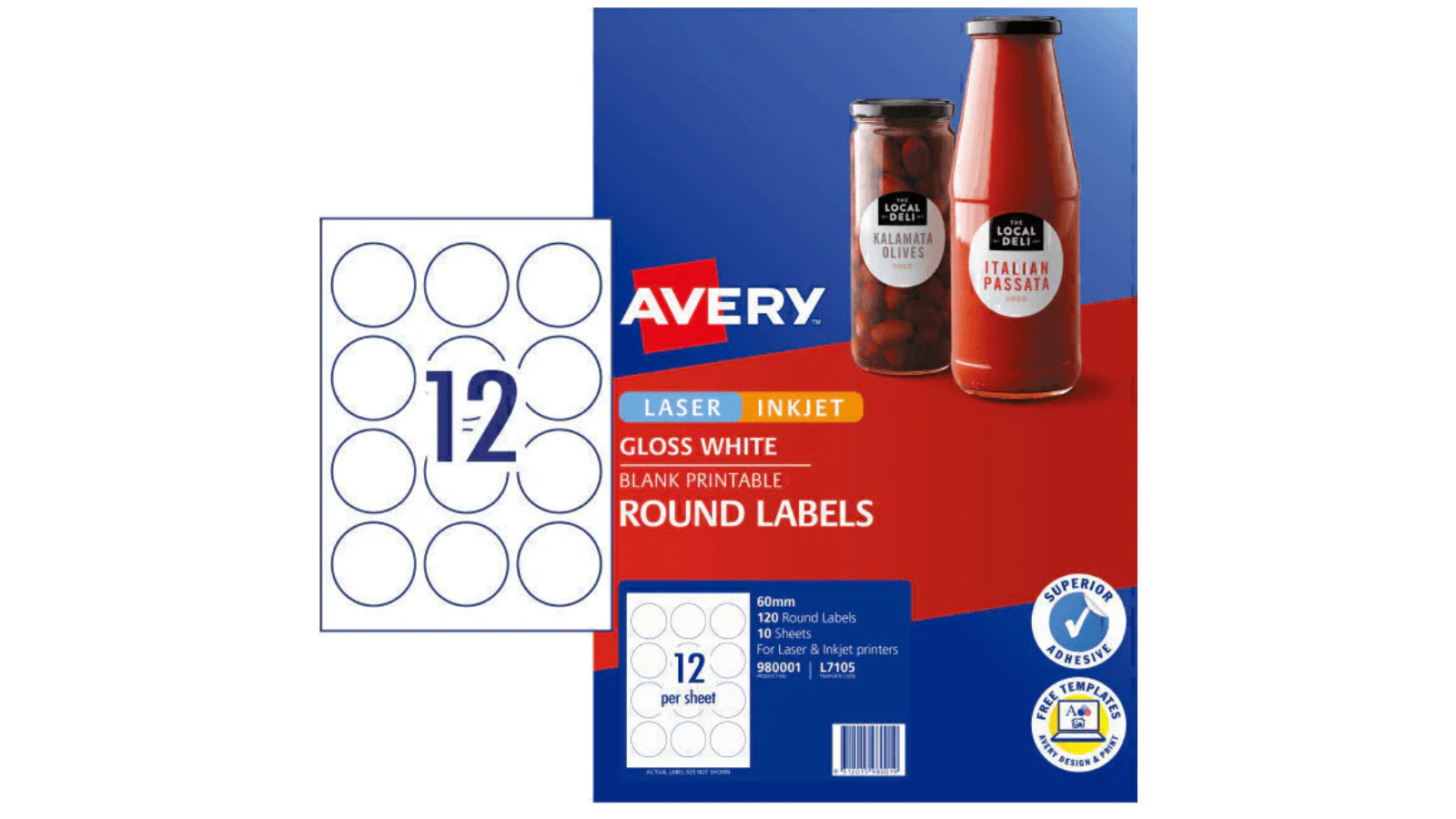 Avery 980001 Pack of 120 L7105 Round Label - White Glossy | Harvey Norman