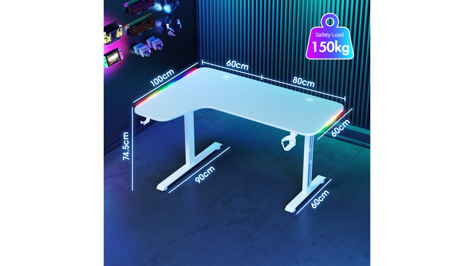 Advwin 140cm L Shaped RGB LED Corner Gaming Desk - White | Harvey Norman