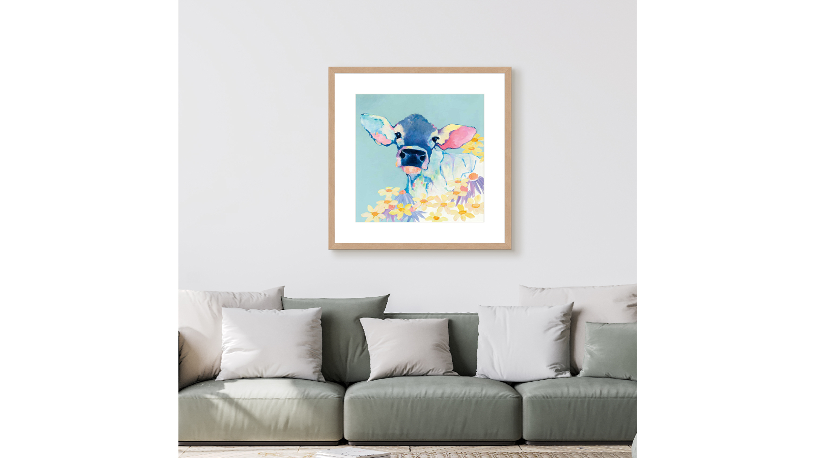 La Grolla Bessie with Flowers on Teal Natural Frame Wall Art - 56 x ...