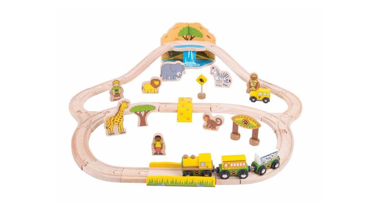 Bigjigs Rail 38 Piece 82cm Kids Safari Train Interactive Wooden Toy Set ...