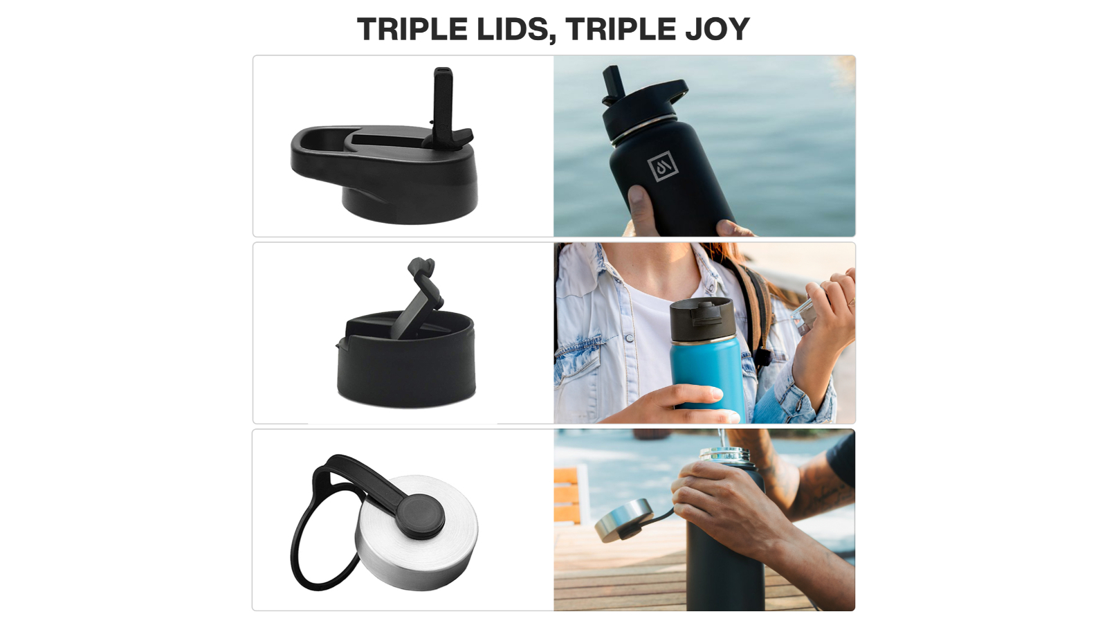 Meteor For The Winners 650ml Stainless Steel Water Bottle with 3 Lids ...