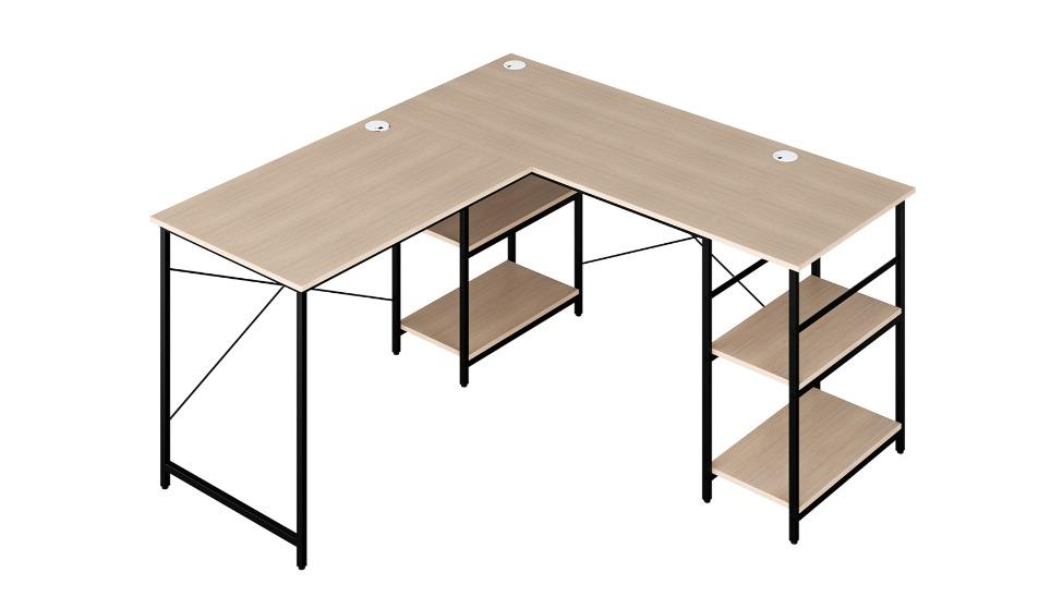 Costway L-Shaped Convertible Table with 4 Storage Shelves - Natural ...