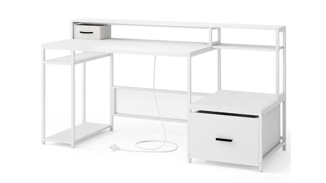Costway Computer Desk with Monitor Stand and File Drawer - White ...
