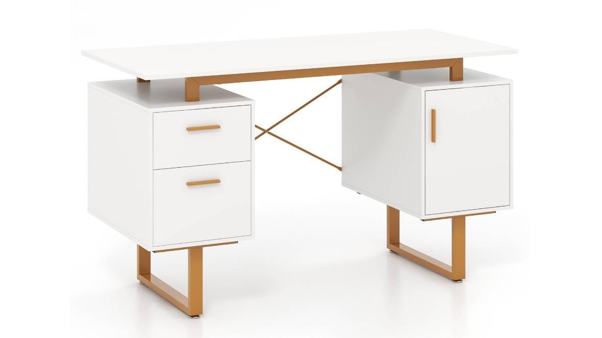 Costway 129cm Metal Frame 2-Drawer Elevated Desk with Door - White ...