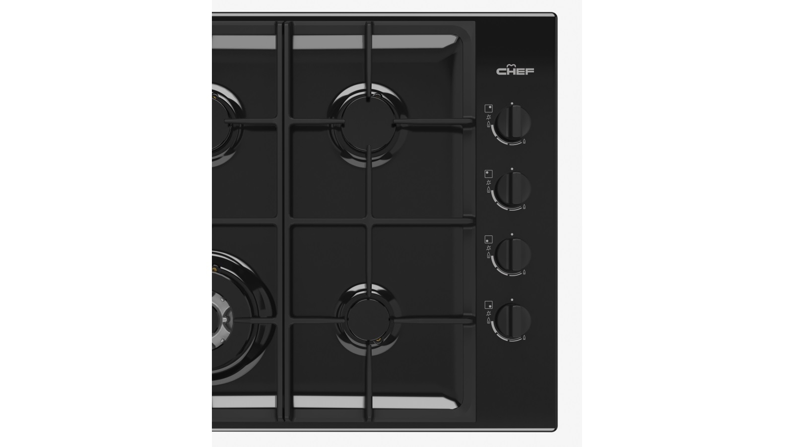 Chef 600mm 4 Burner Gas Cooktop with 14.4MJ/h Wok Burner - Black ...