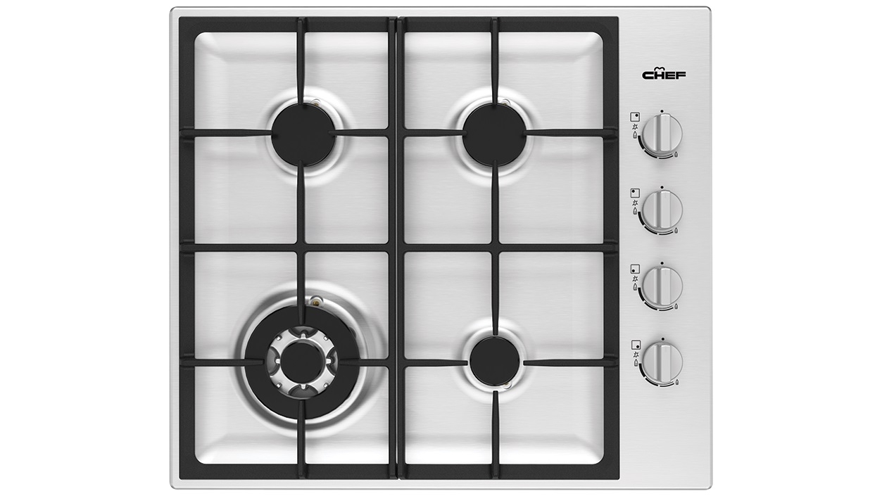 Chef 600mm 4 Burner Gas Cooktop with 14.4MJ/h Wok Burner - Stainless ...