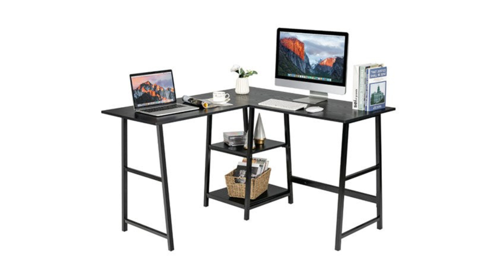 SW L-Shaped Corner Computer Desk with 2-Tier Storage Shelves | Harvey ...