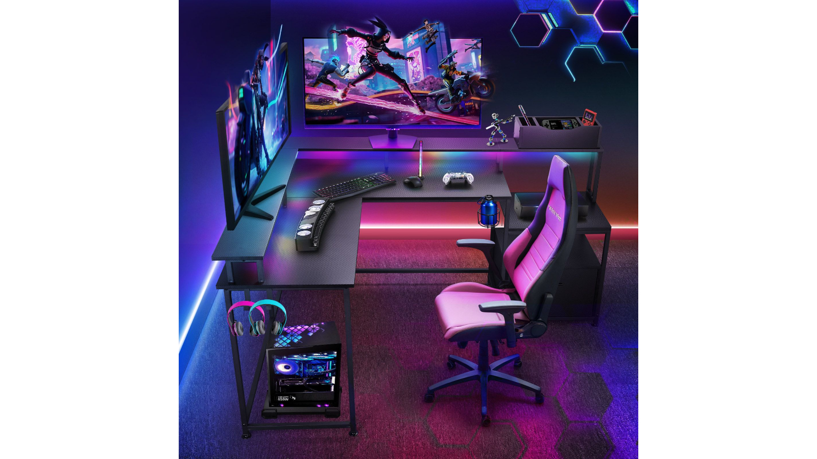 L-Shaped Corner Computer Racer Side Drawer with LED Lights Storage ...