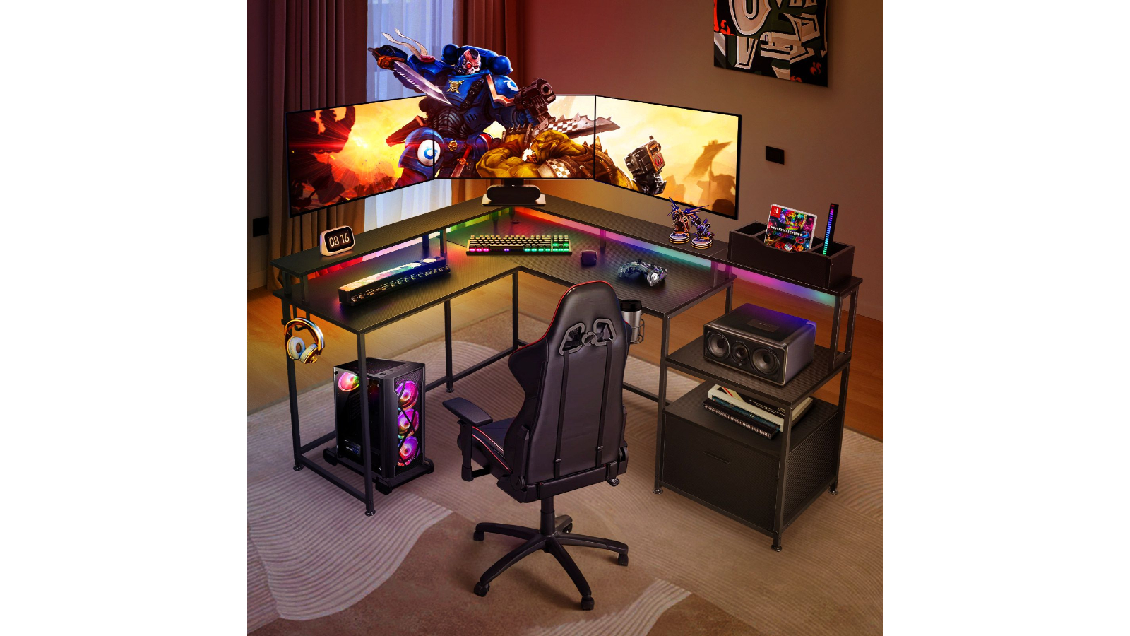 L-Shaped Corner Computer Racer Side Drawer with LED Lights Storage ...