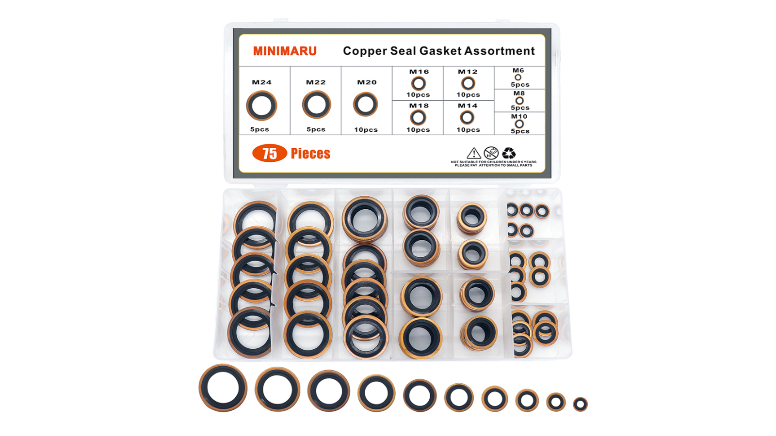 Minimaru 75 Piece Automotive Copper Self-Centered Bonded Seal Gasket Assortment Kit | Harvey Norman