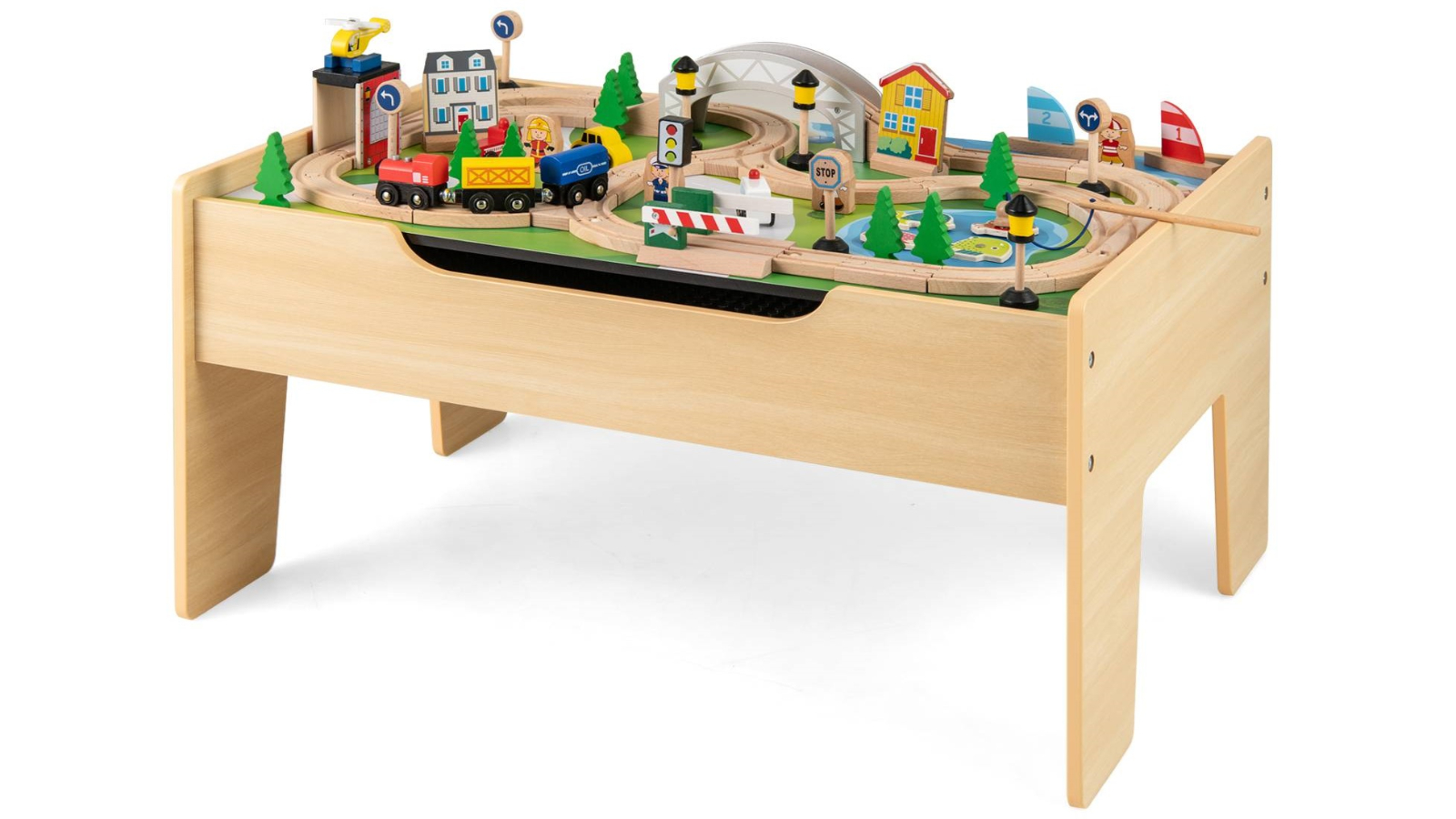 Costway Wooden Activity Construction Table with 78 Piece Train Set ...