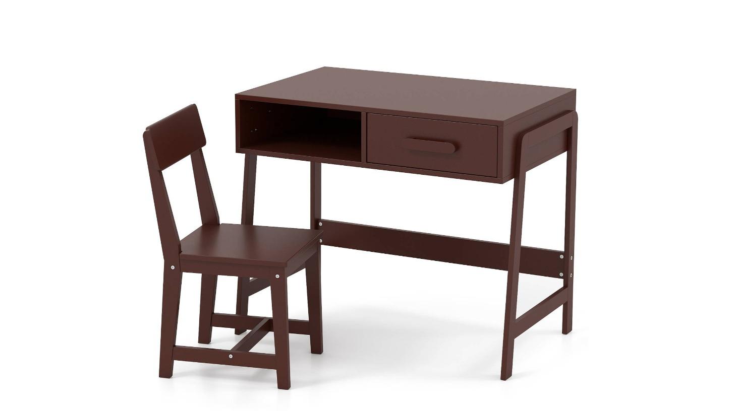 Costway Wooden Study Table and Chair Set with Storage Drawer - Brown ...