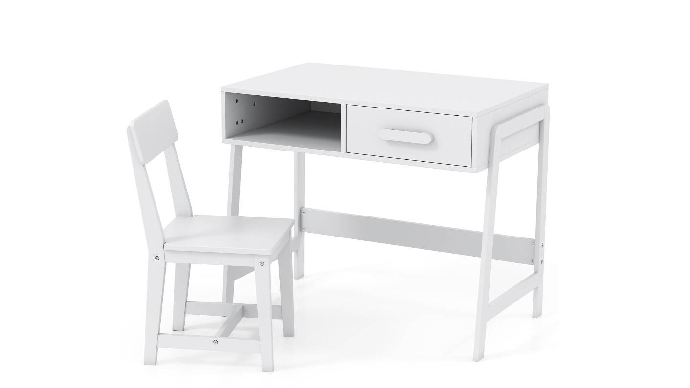 Costway Wooden Study Table and Chair Set with Storage Drawer - White ...
