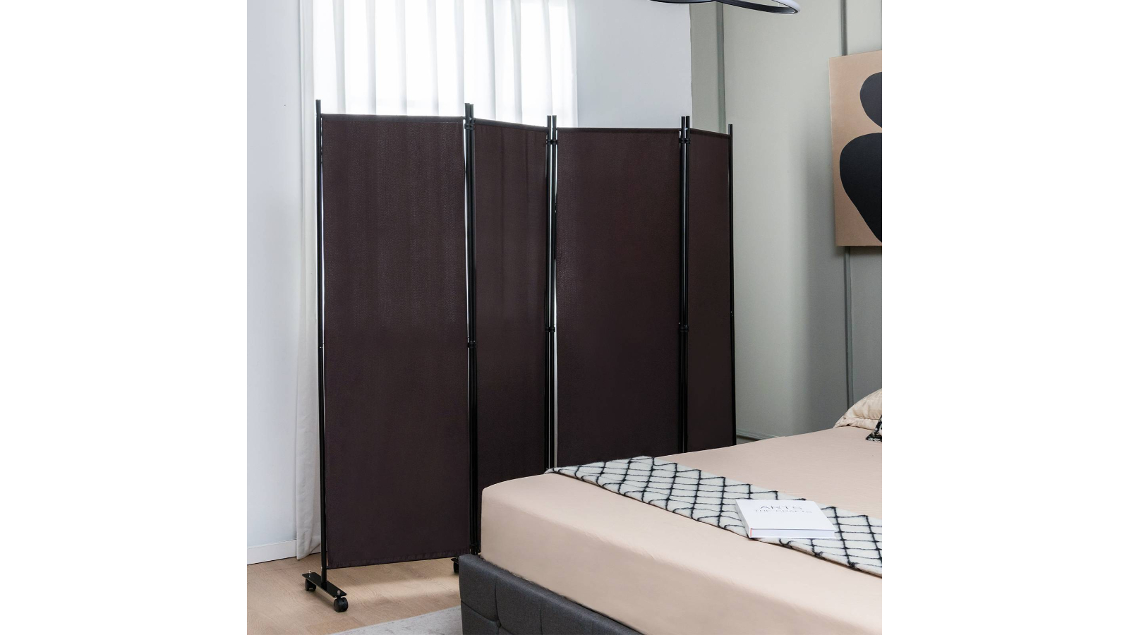Costway 4-Panel Folding Privacy Screen with Lockable Wheels - Coffee ...