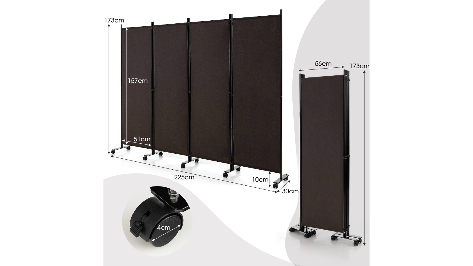 Costway 4-Panel Folding Privacy Screen with Lockable Wheels - Coffee ...