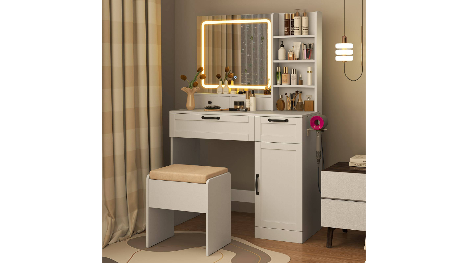 Costway Dressing Table Chair Set with 3-Color Lights Charging Station ...