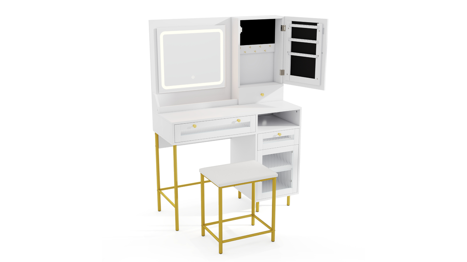 Costway Dressing Table and Stool Set with Mirror and 3-Color LED Light ...