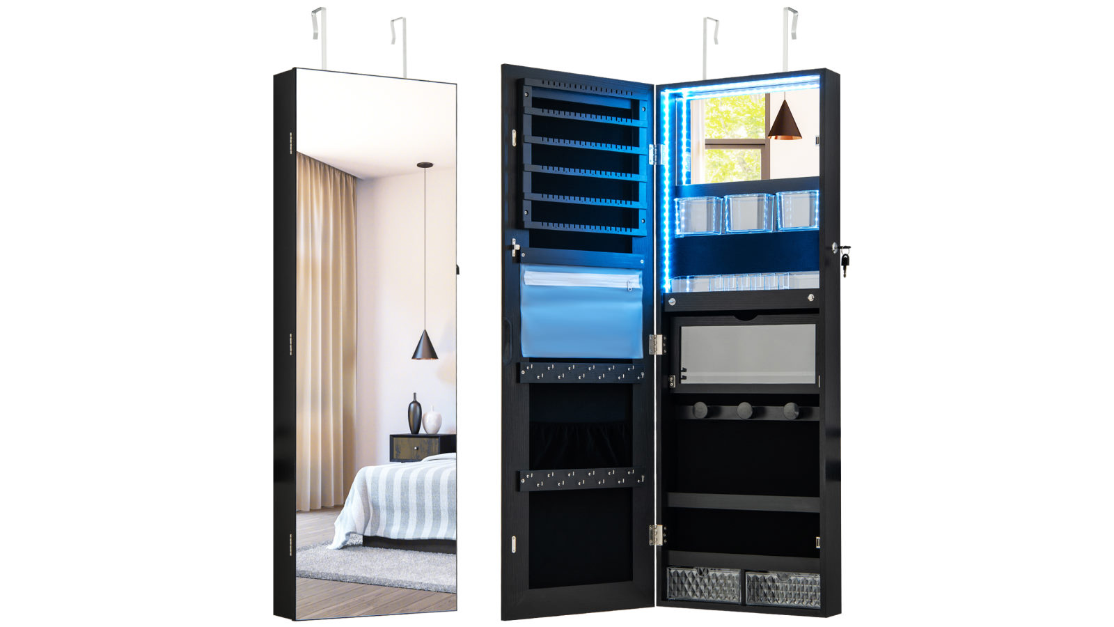 Costway Mirrored Jewellery Cabinet Wall Mounted Jewelry - Armoire Black ...