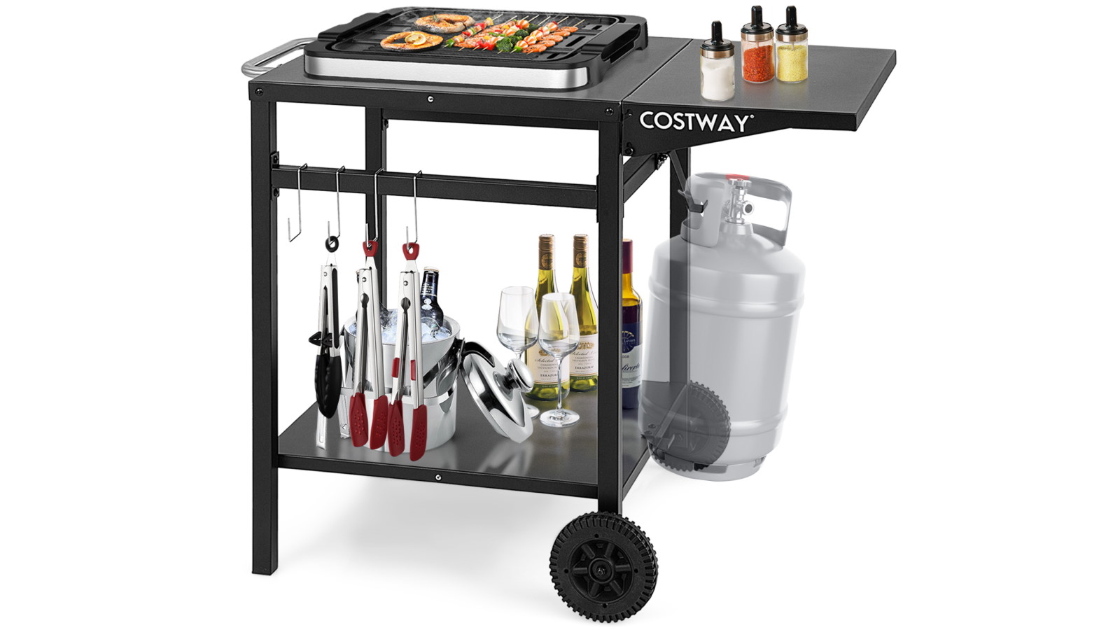 Costway 2-Tier Dining Mobile Food Prep Trolley with Folding Tabletop ...