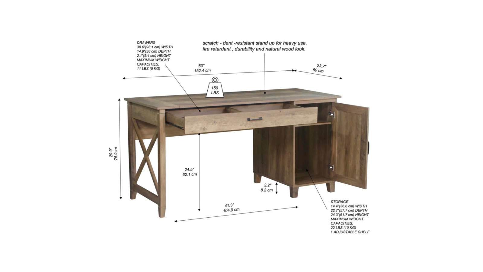 Maestro Furniture 150cm Dallas Large Wooden Office Desk - Rustic Oak ...