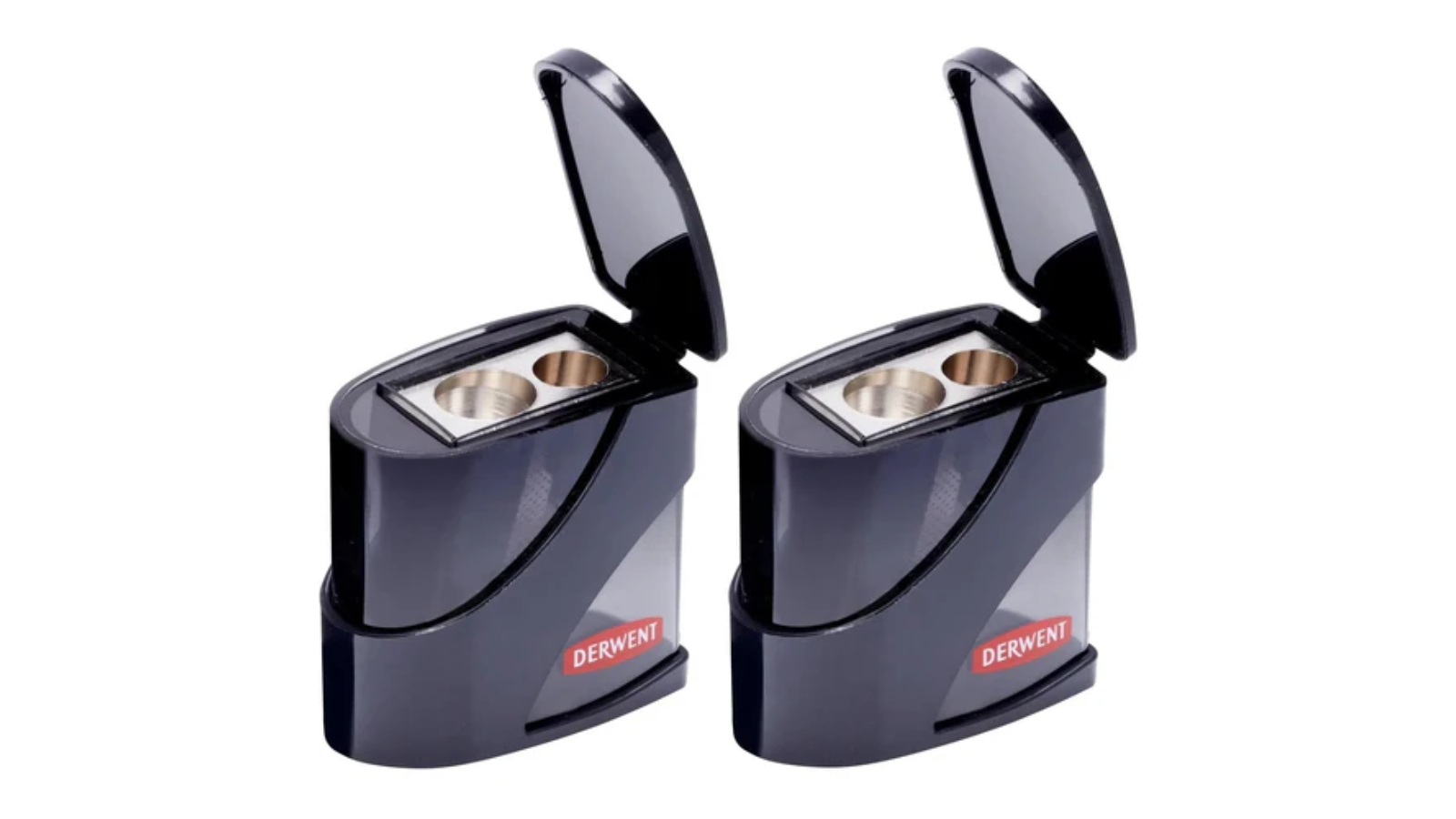 Derwent Pack of 2 Twin Hole Sharpener Metal with Lid Container | Harvey ...