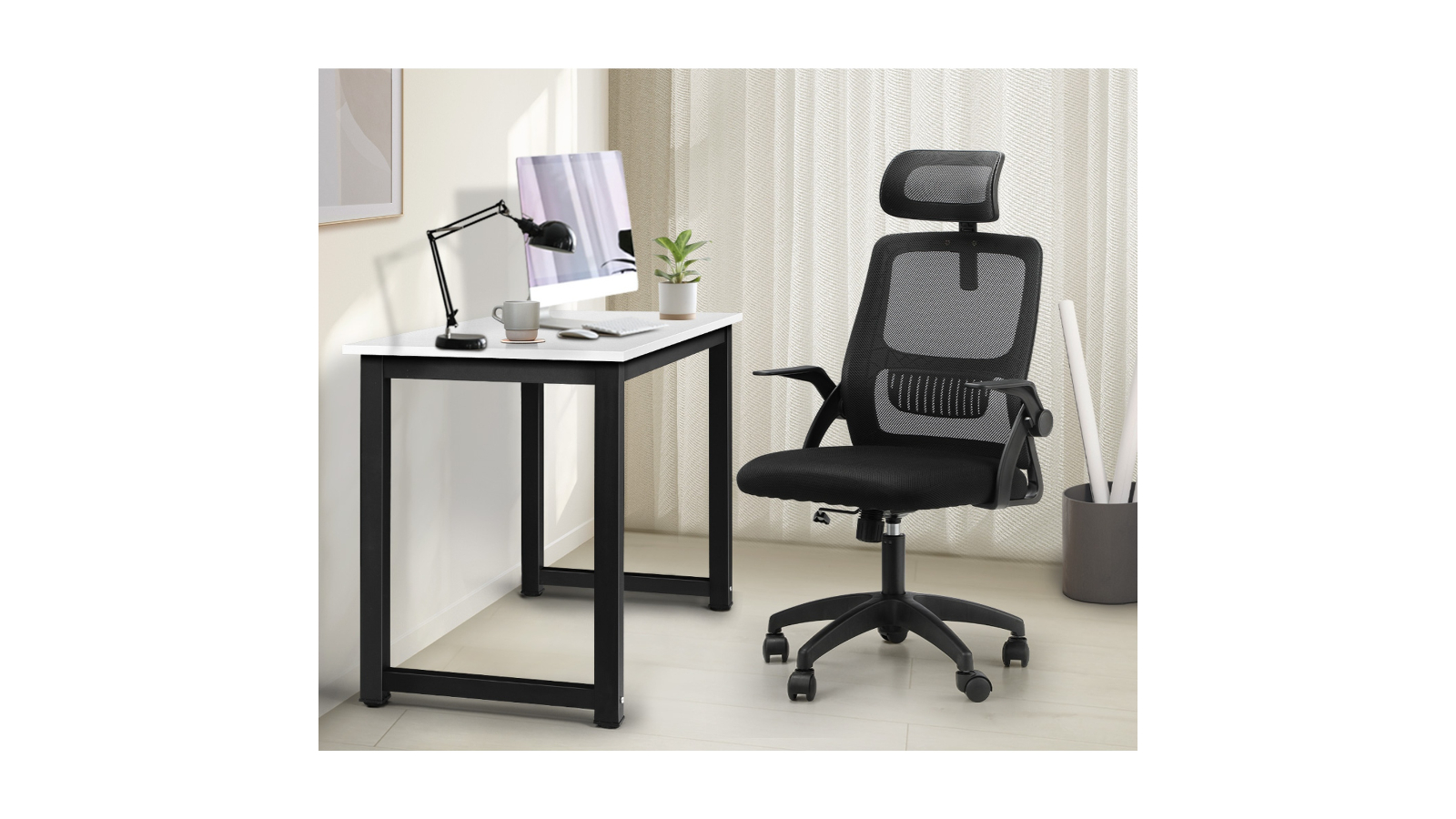 Oikiture Mesh Home Office Desk and Chair Computer Set - Black/White ...