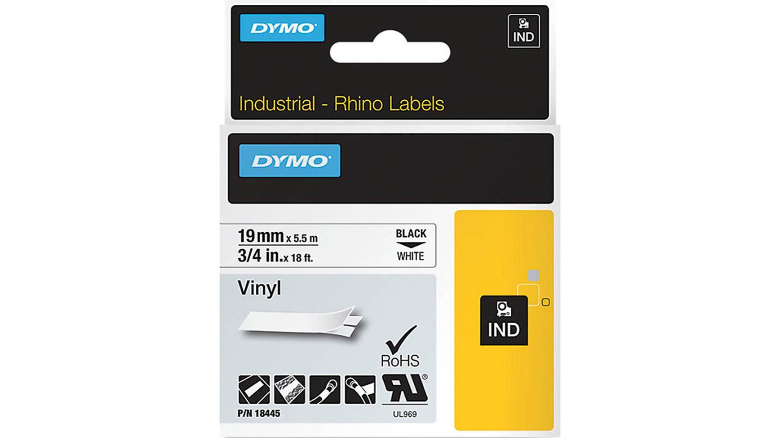 Dymo 18445 Black/White Vinyl Rhino Industrial Tape - 1.9cm | Harvey Norman