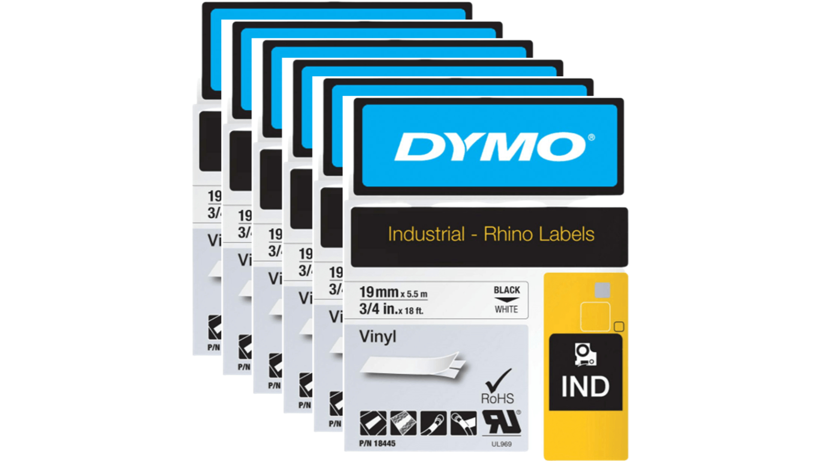 Dymo 18445 Pack of 6 Black/White Vinyl Rhino Industrial Tape - 1.9cm ...