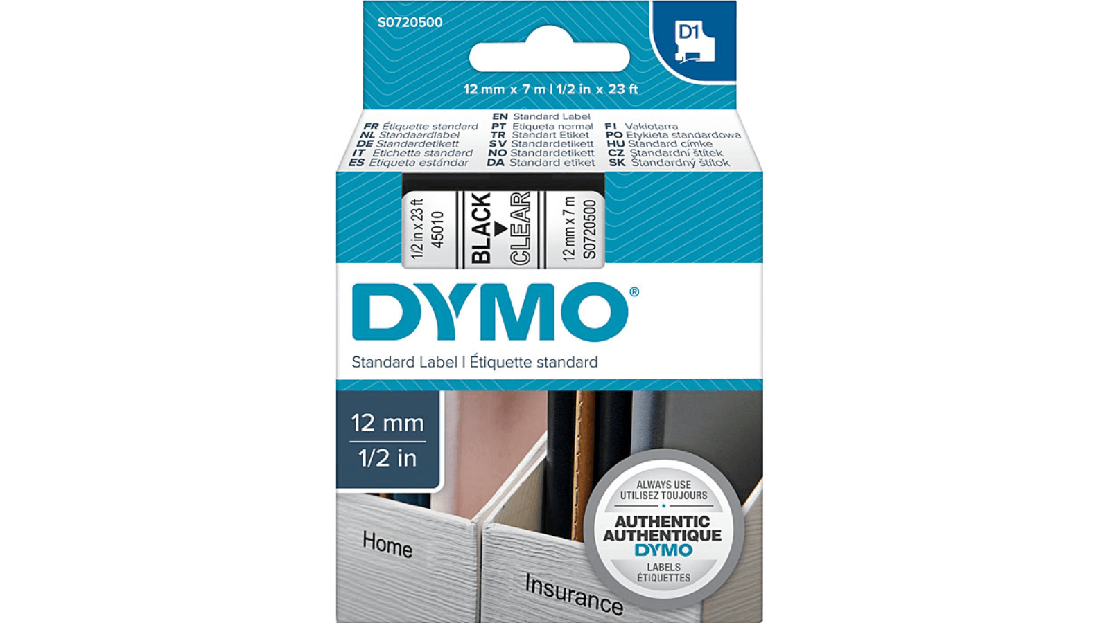 Dymo 45010 Black/Clear D1 Cartridge Cassette Labelling Tape - 1.2 x 0 ...
