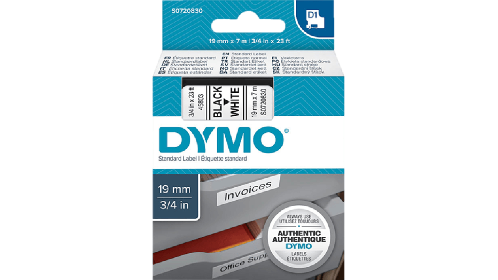 Dymo 45803 D1 Labelling Tape 1.9cm x 7metre - Black on White | Harvey Norman