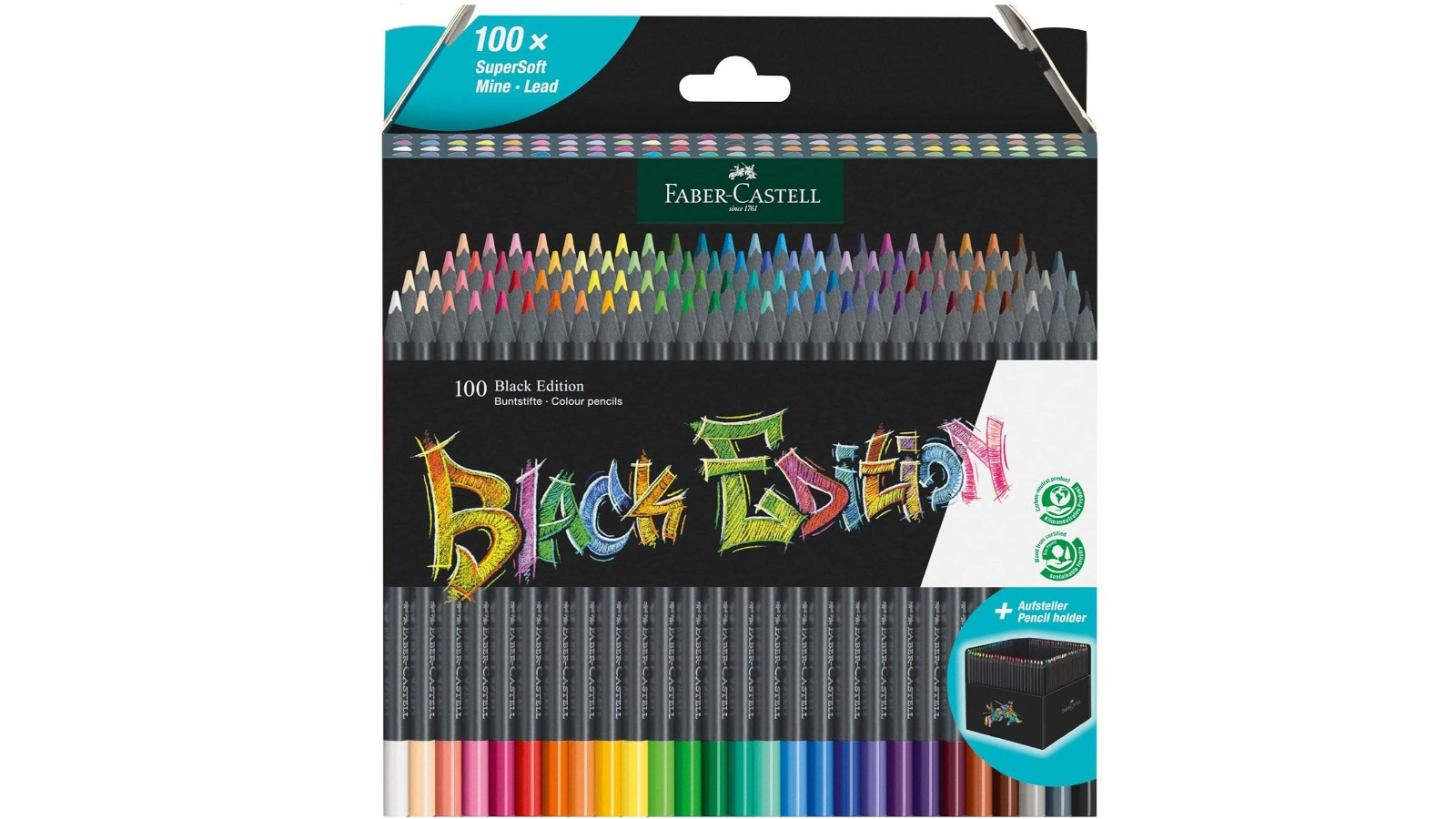 Faber Castell Pack of 100 Black Edition Colour Pencil with Holder ...