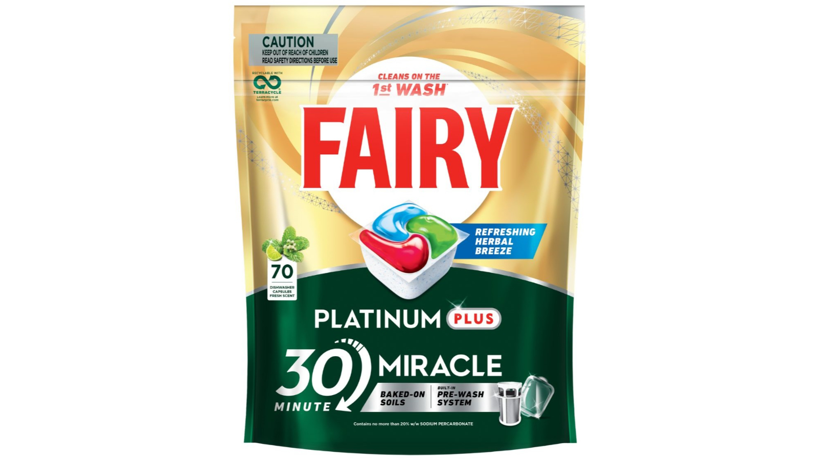 Fairy Pack of 70 Platinum Plus Herbal Breeze Scent Dishwasher Capsule ...
