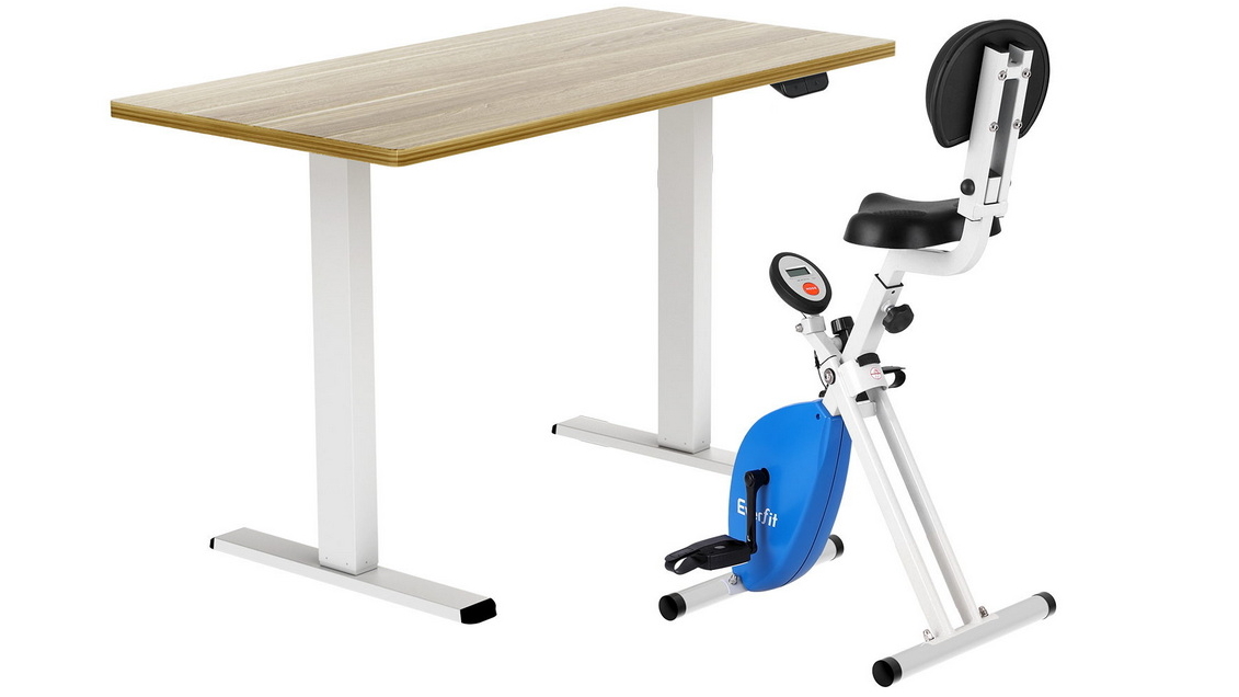 Artiss Under Desk Folding X-Bike with 140cm Oak Automatic Standing Desk ...
