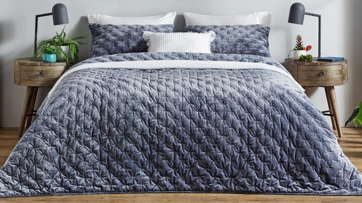 L'Avenue Arlington Velvet Steel Blue Coverlet Set | Harvey Norman
