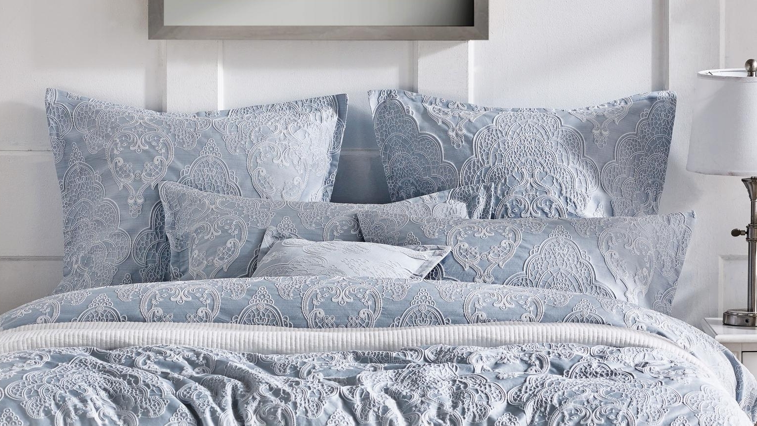 L'Avenue Helina Powder Blue Quilt Cover Set | Harvey Norman