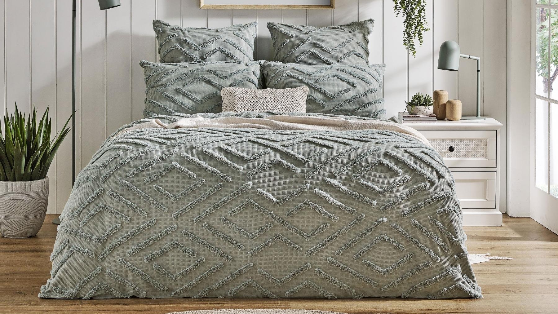 L Avenue Ellie Tufted Sage Quilt Cover Set King Harvey Norman