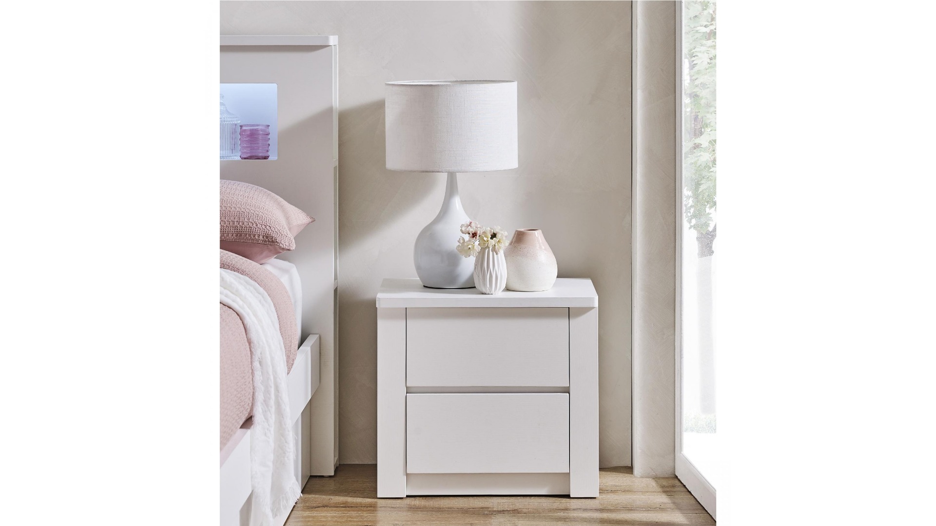Venus White Oak 2-Drawer Bedside Table | Harvey Norman