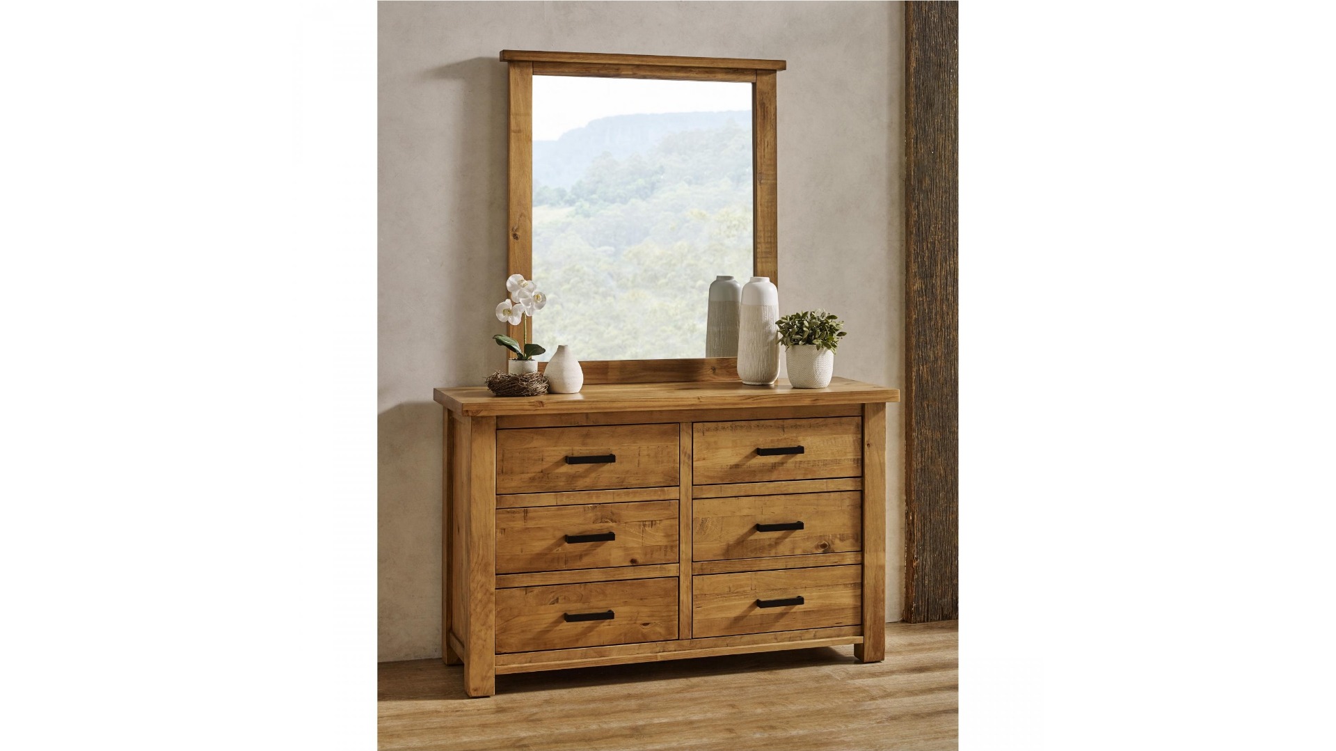 Cobar Light Oak 6-Drawer Dresser with Mirror | Harvey Norman