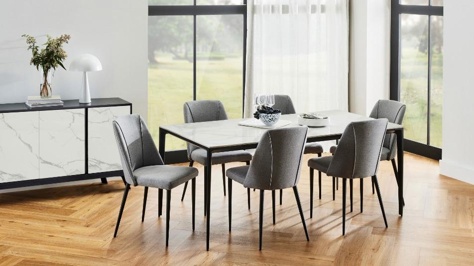 Cosmo 7-Piece Dining Setting with Grey Fabric Chairs | Harvey Norman